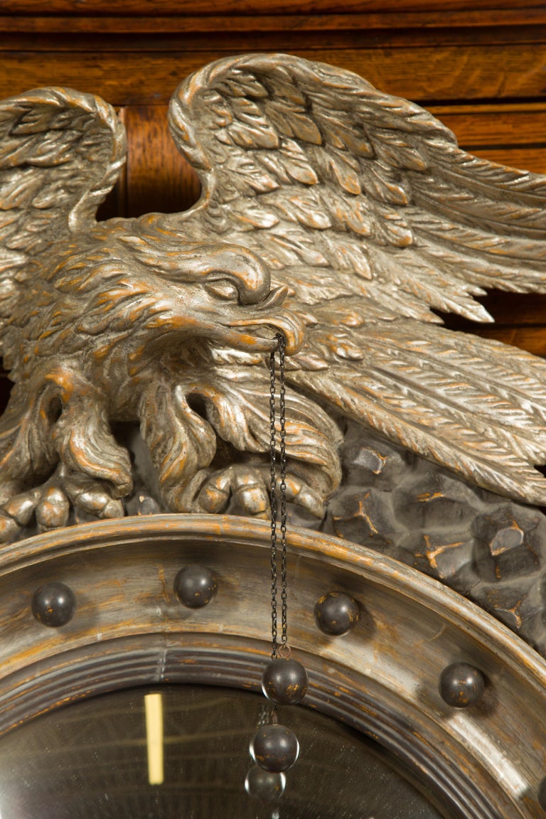 English 1860s Silver Leaf Convex Girandole Bullseye Mirror with Eagle ...
