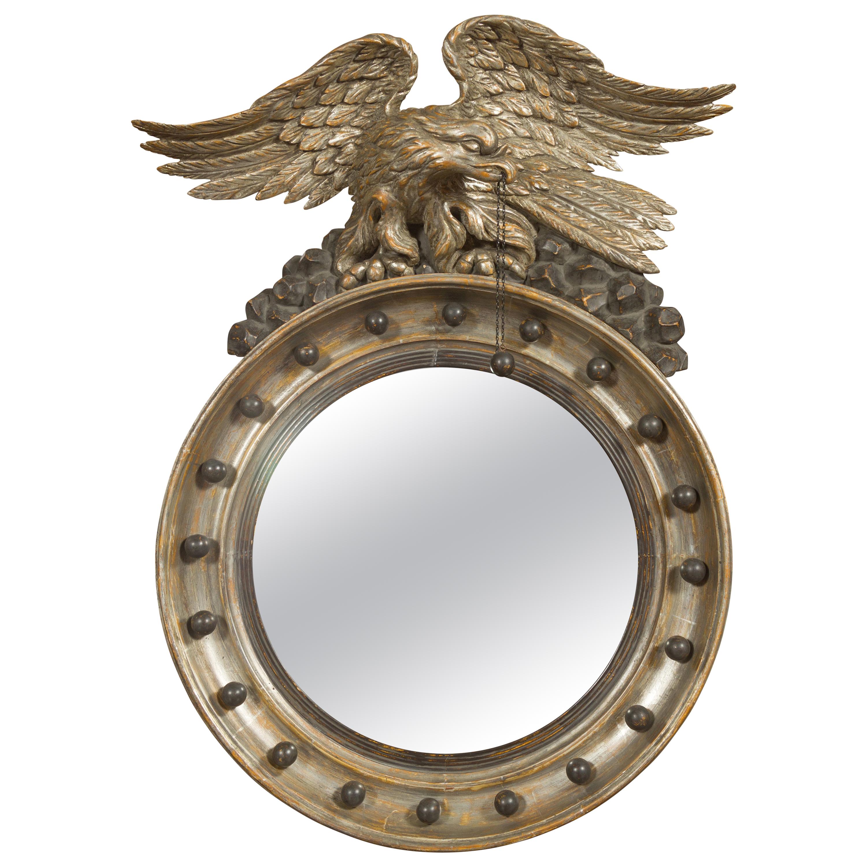 English 1860s Silver Leaf Convex Girandole Bullseye Mirror with Eagle ...