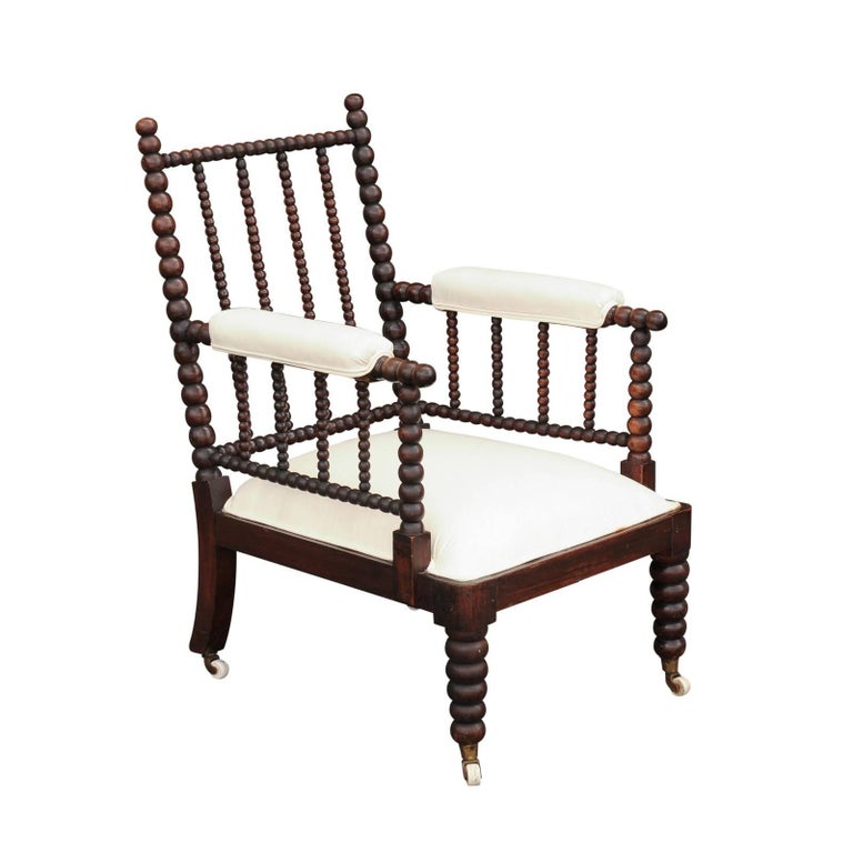 English 1870s Bobbin Chair with Slanted Back, Casters and Upholstered ...