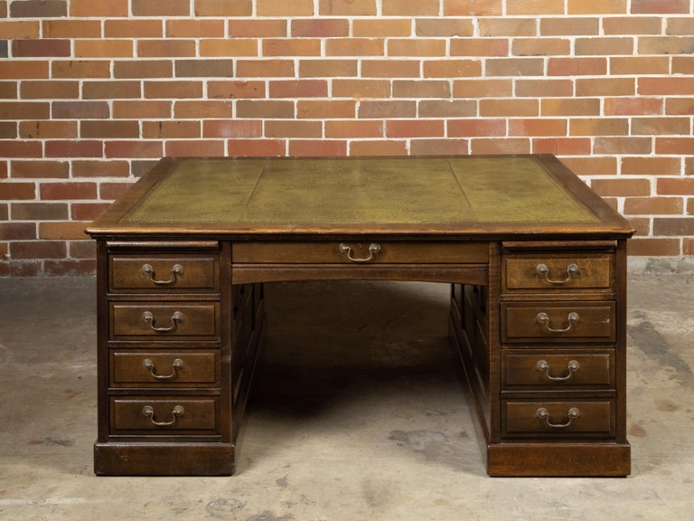 English 1870s Wood and Green Leather Partner's Desk with Multiple ...