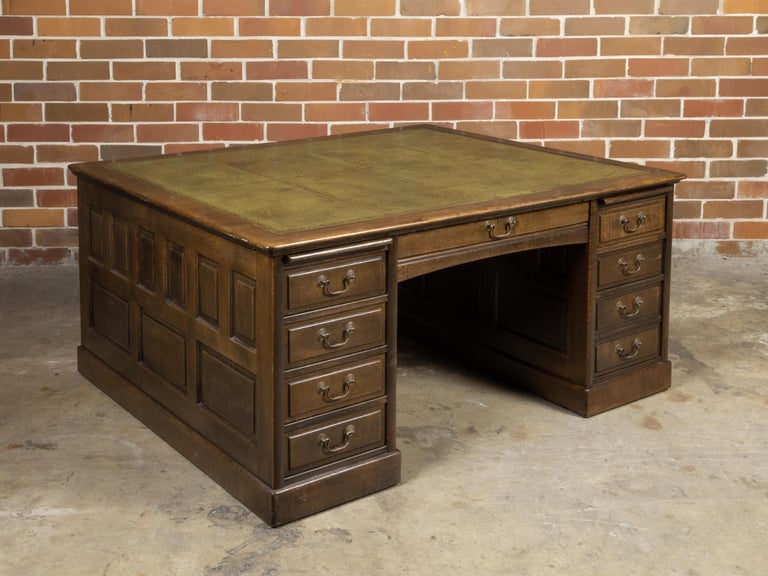 English 1870s Wood and Green Leather Partner's Desk with Multiple ...