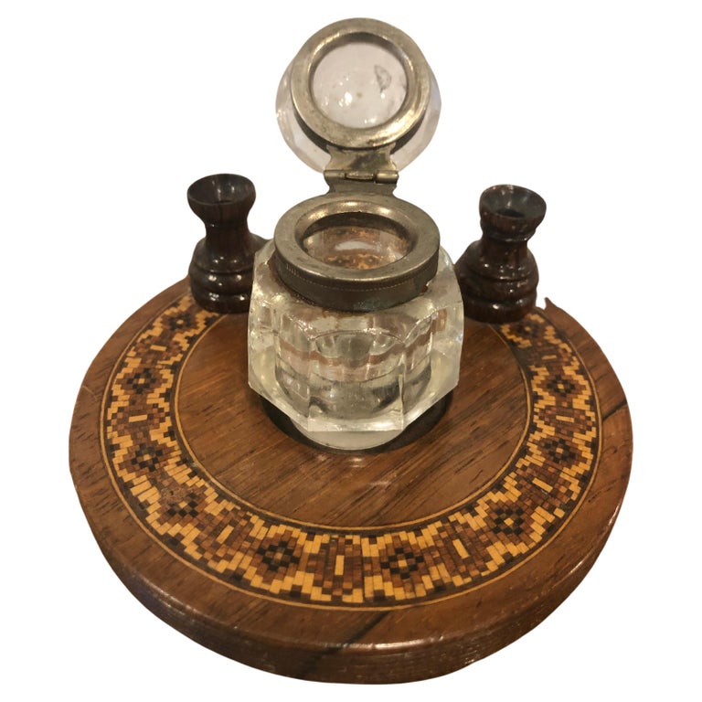 English 1880 Tunbridge Ink Stand with Crystal Inkwell Rosewood Bun Feet ...
