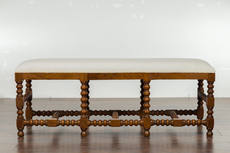 English 1880s Bobbin Leg Bench with Cross Stretchers and New Upholstery ...