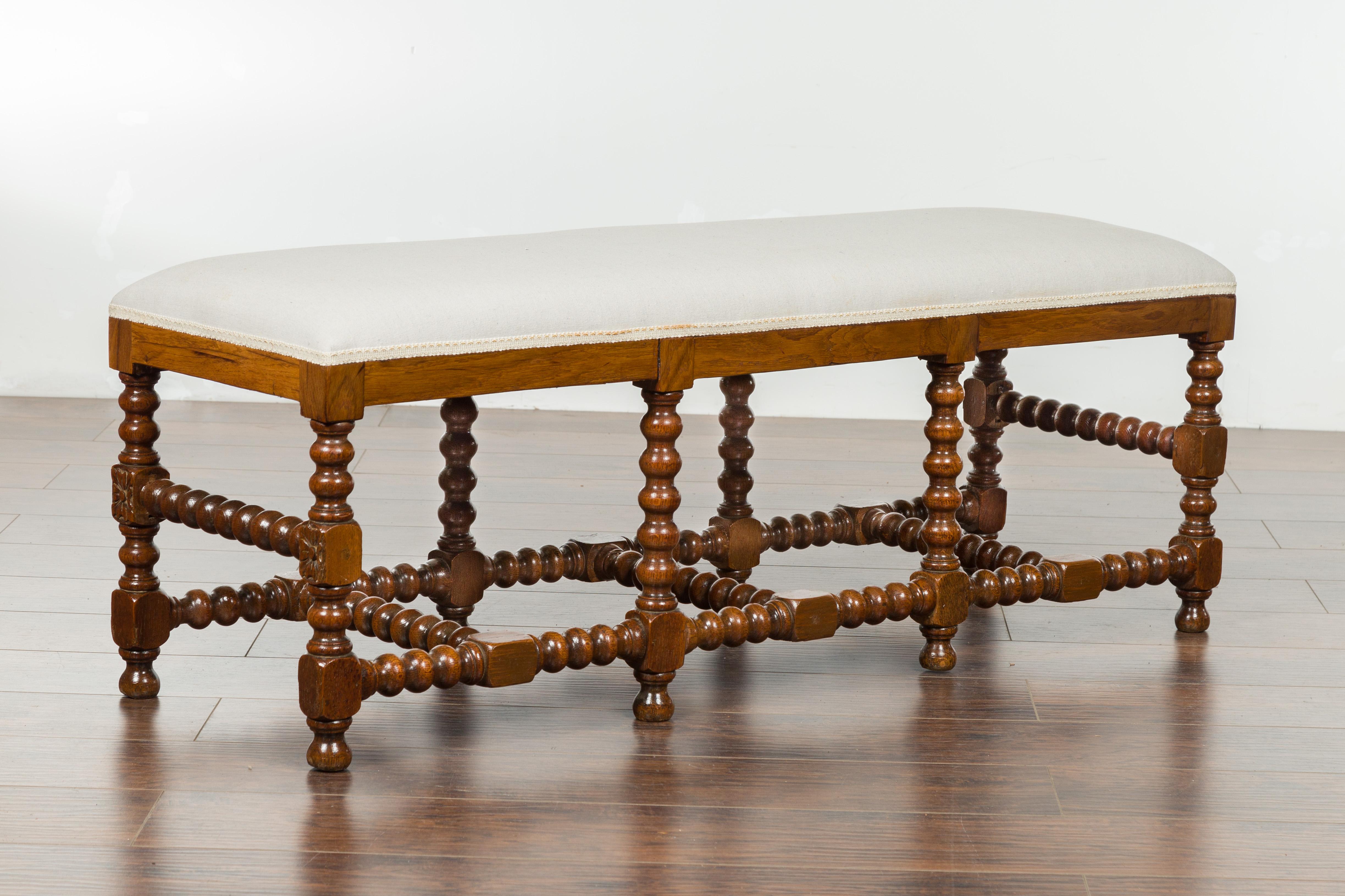 English 1880s Bobbin Leg Bench with Cross Stretchers and New Upholstery ...