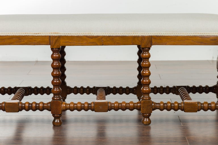 English 1880s Bobbin Leg Bench with Cross Stretchers and New Upholstery ...
