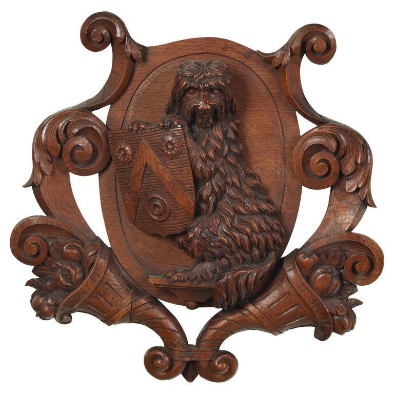 English 1880s Carved Wooden Wall Cartouche Depicting a Dog with Coat of ...