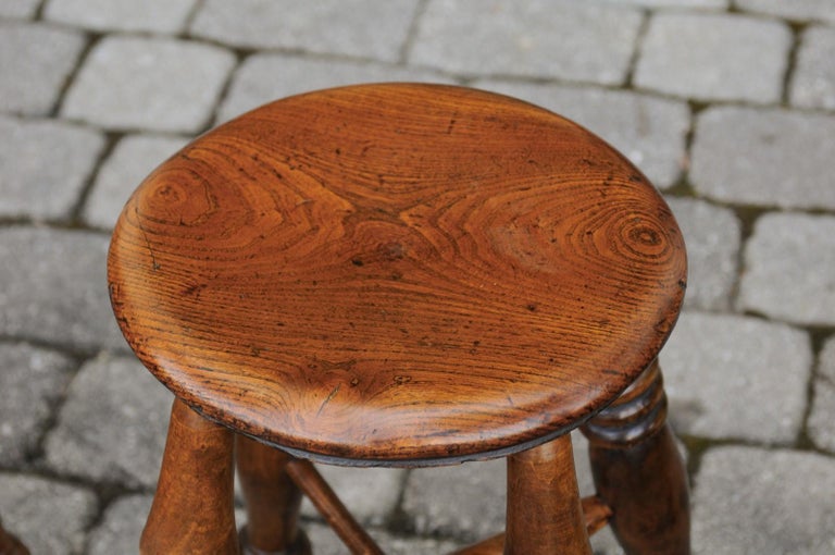 English 1880s Elm Stools with Turned Legs and Spindle-Shaped Cross ...