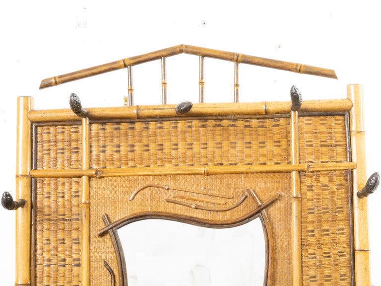 English 1880s Freestanding Bamboo and Rattan Hat Rack with Mirror and ...