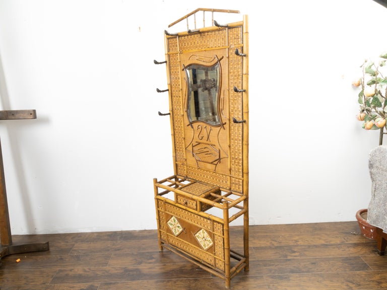 English 1880s Freestanding Bamboo and Rattan Hat Rack with Mirror and ...