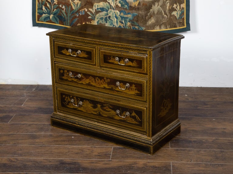English 1880s Lacquered Four Drawer Commode with Golden chinoiserie ...