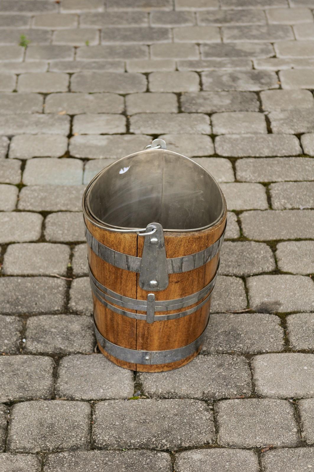 English 1880s Oak Bucket with Silver Plated Accents, Liner and Large ...