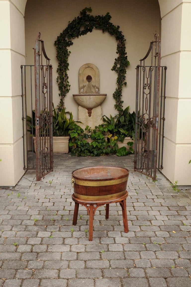 English 1880s Oval Oak Planter with Brass Braces Mounted on Custom Oak ...