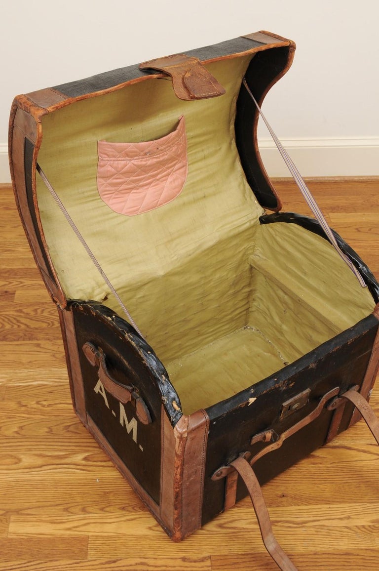 English 1880s Rustic Brown and Black Leather Trunk with Side Monogram ...