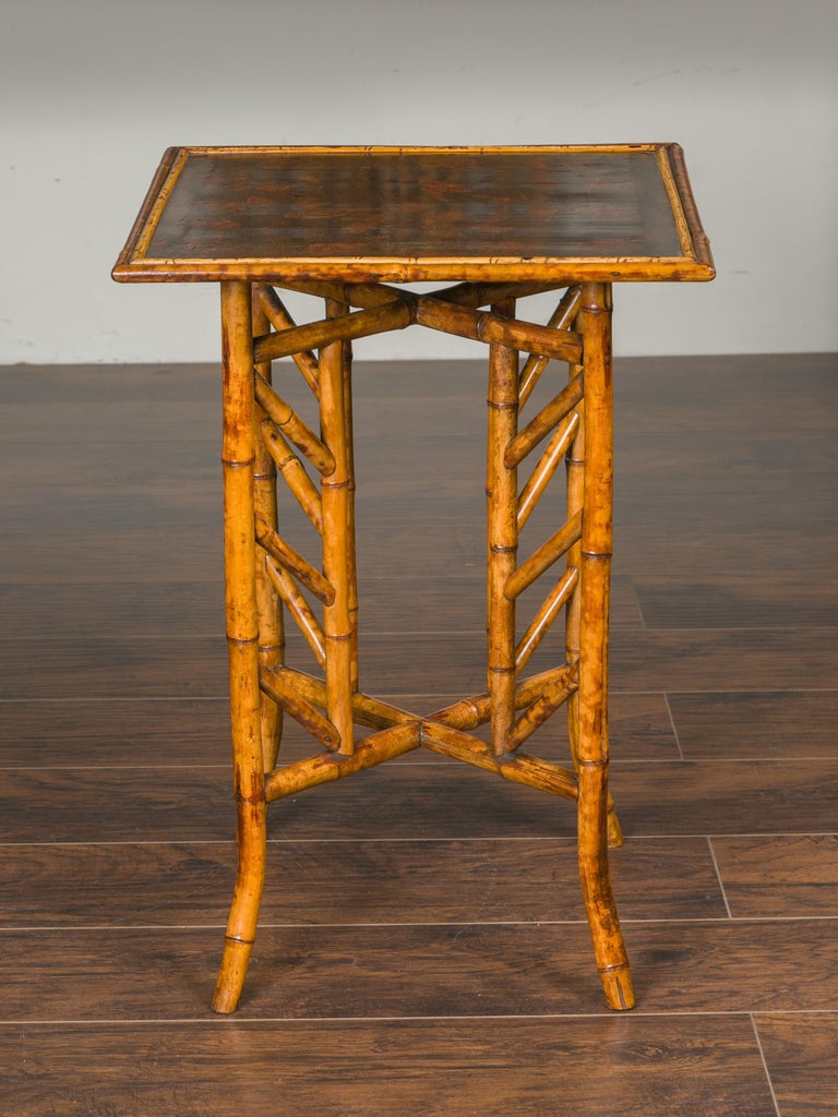 English 1900s Bamboo Side Table with Bird and Floral Decor on Intricate ...