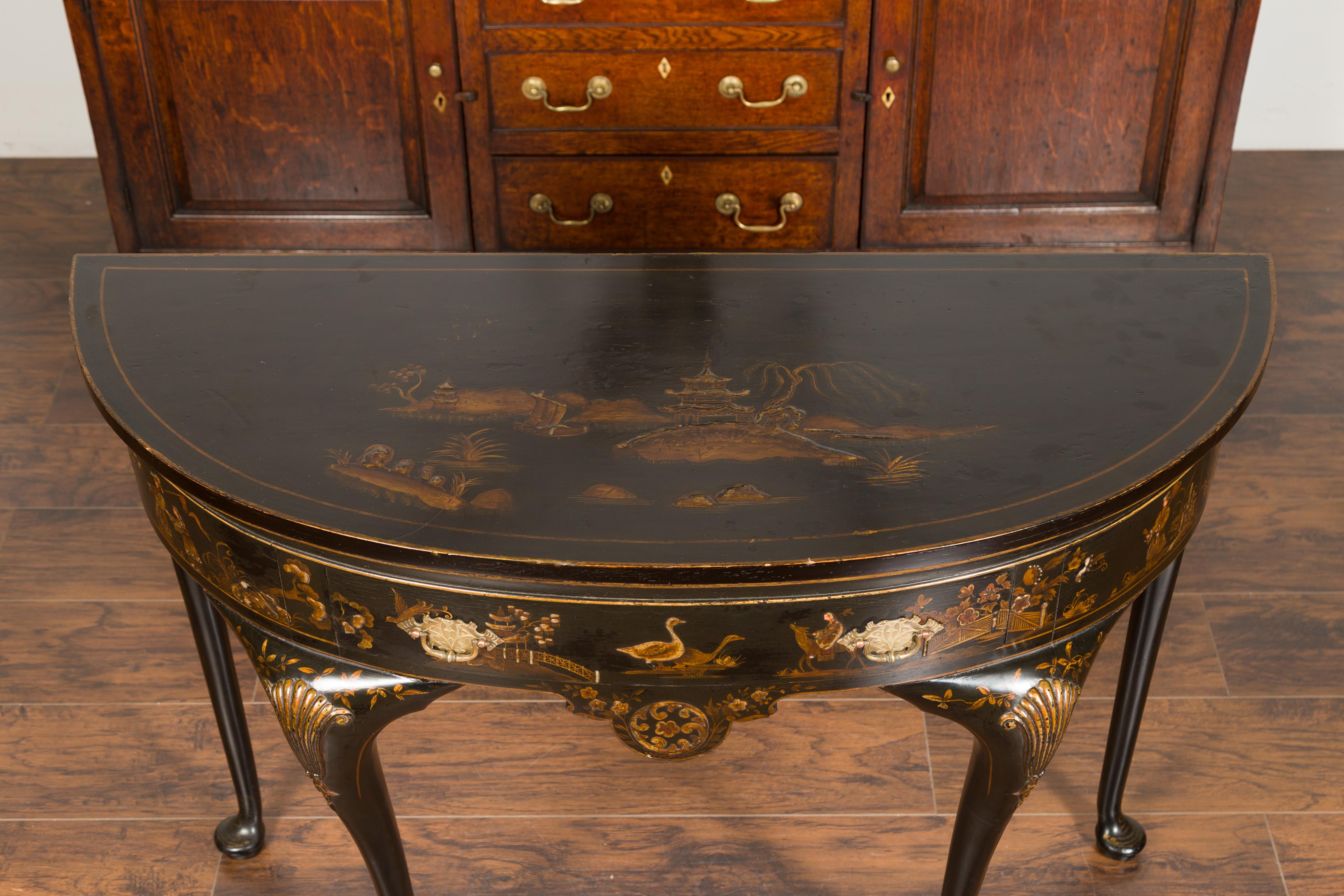 English 1900s Black and Gold Demilune Table with Chinoiserie Decor and ...