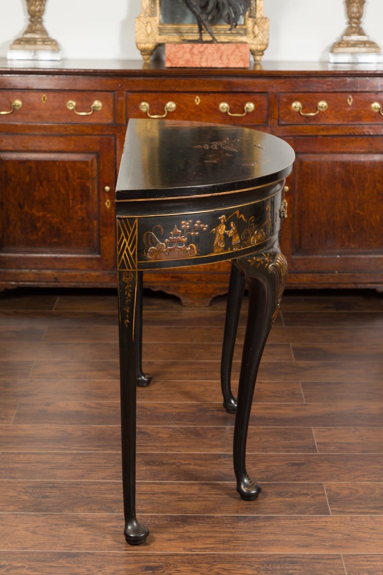 English 1900s Black and Gold Demilune Table with Chinoiserie Decor and ...