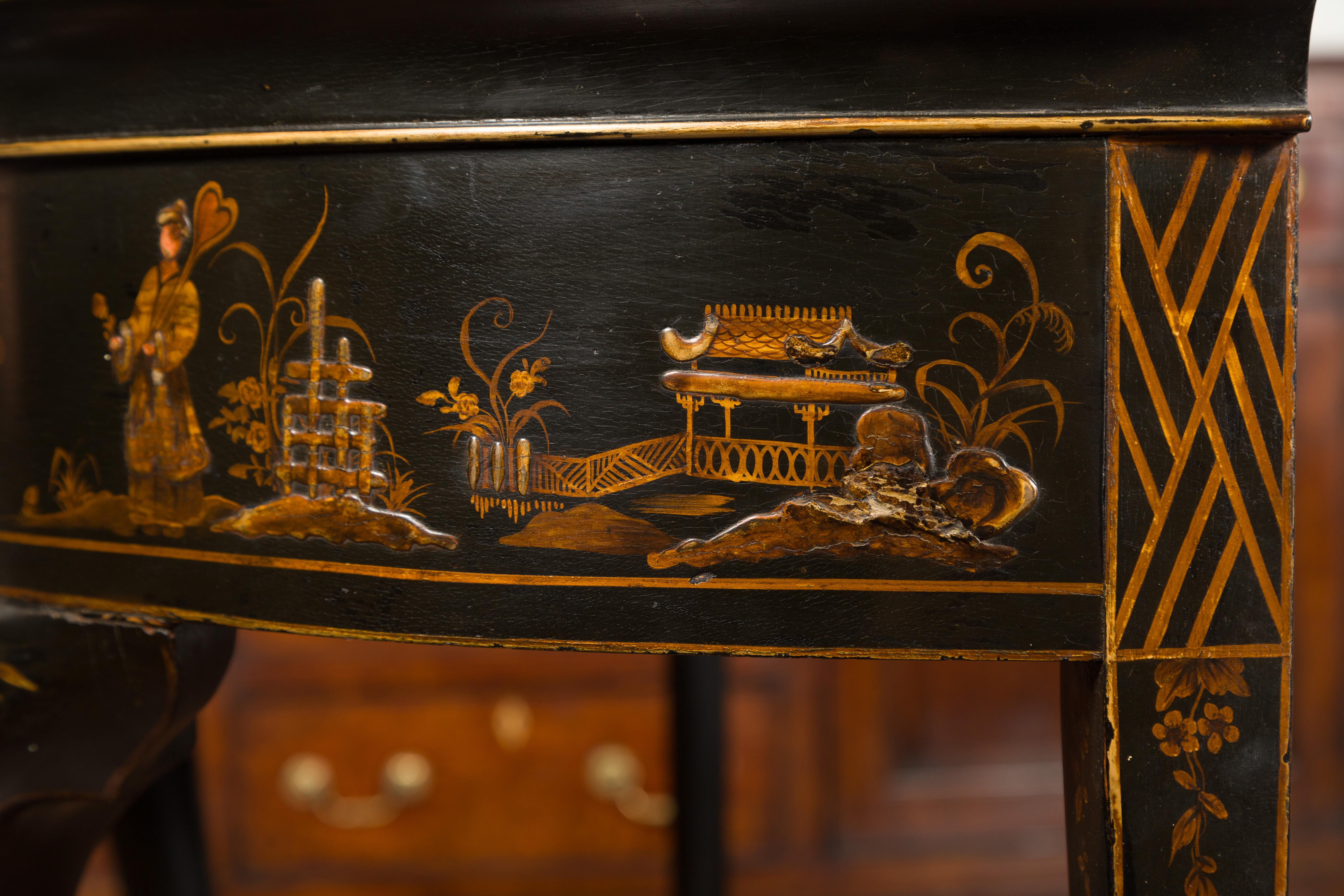 English 1900s Black and Gold Demilune Table with Chinoiserie Decor and ...