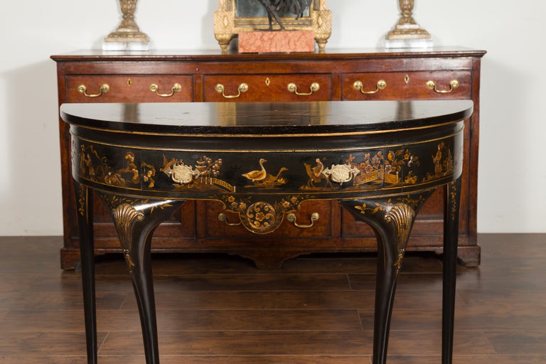 English 1900s Black and Gold Demilune Table with Chinoiserie Decor and ...