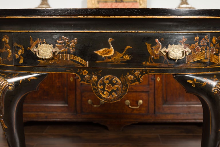 English 1900s Black and Gold Demilune Table with Chinoiserie Decor and ...