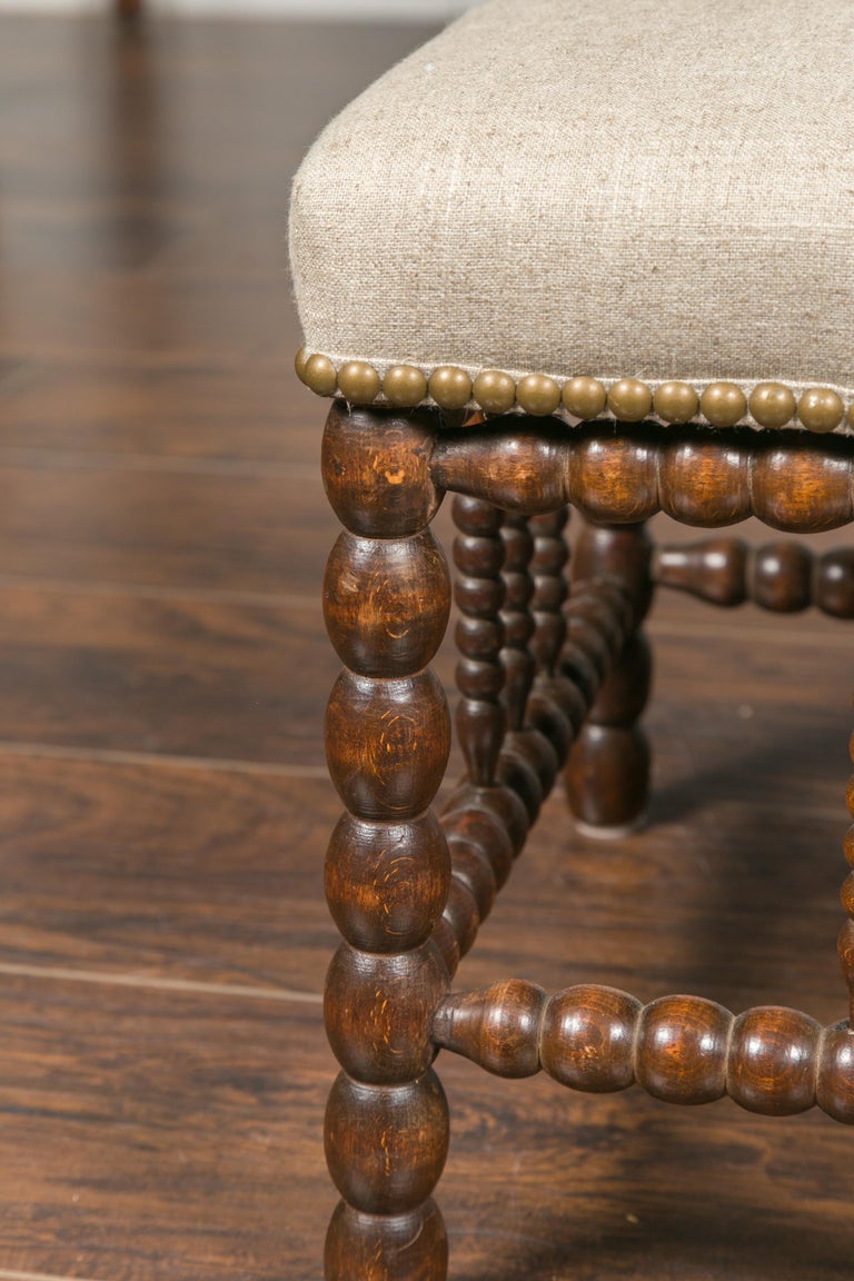 English 1900s Oak Footstool with Bobbin Legs, New Upholstery and ...