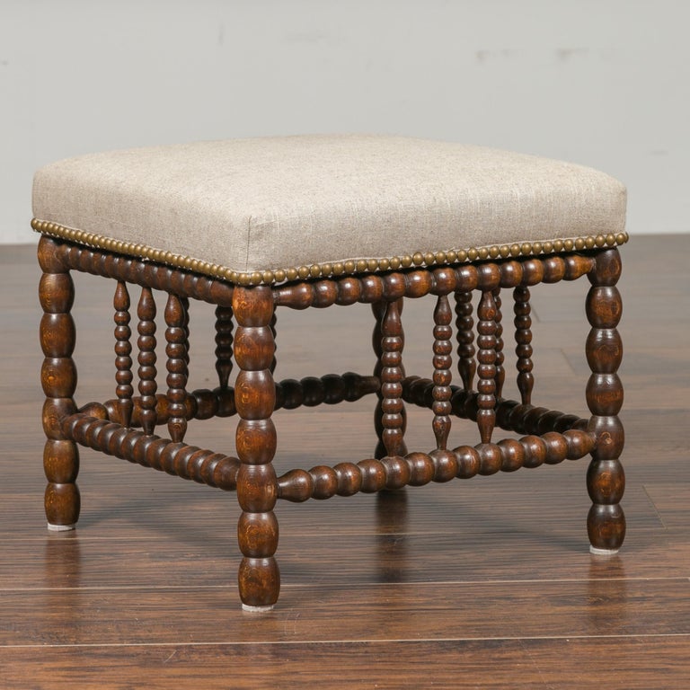 English 1900s Oak Footstool with Bobbin Legs, New Upholstery and ...