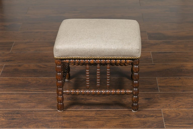 English 1900s Oak Footstool with Bobbin Legs, New Upholstery and ...