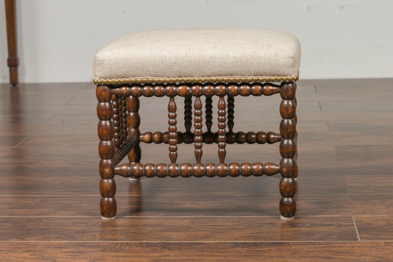 English 1900s Oak Footstool with Bobbin Legs, New Upholstery and ...