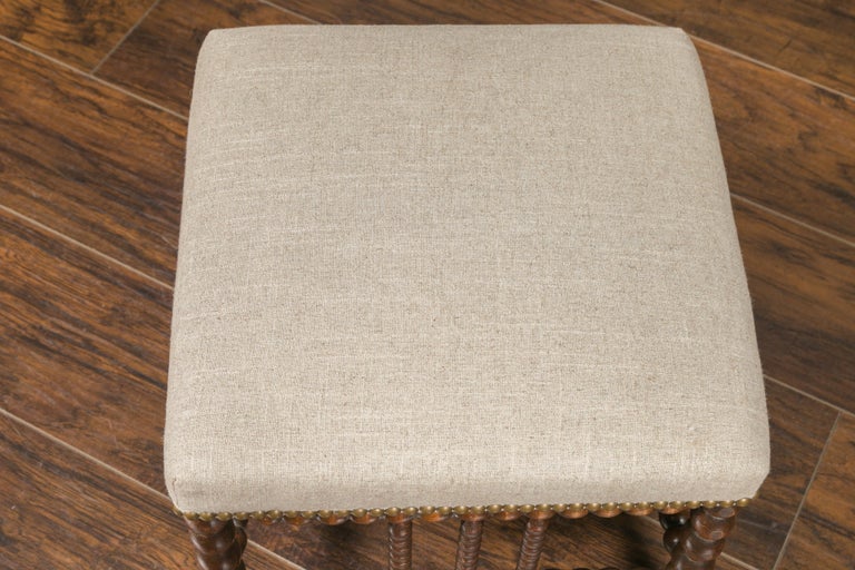 English 1900s Oak Footstool with Bobbin Legs, New Upholstery and ...