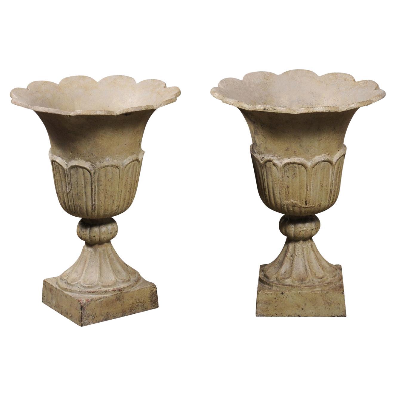 Pair of English Turn of the Century Stone Garden Urns with Carved Floral Décor For Sale at 1stDibs