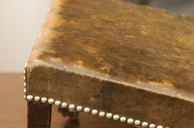 English 1920s Leather Gout Stool with Out-Scrolling Back, Nailheads and ...