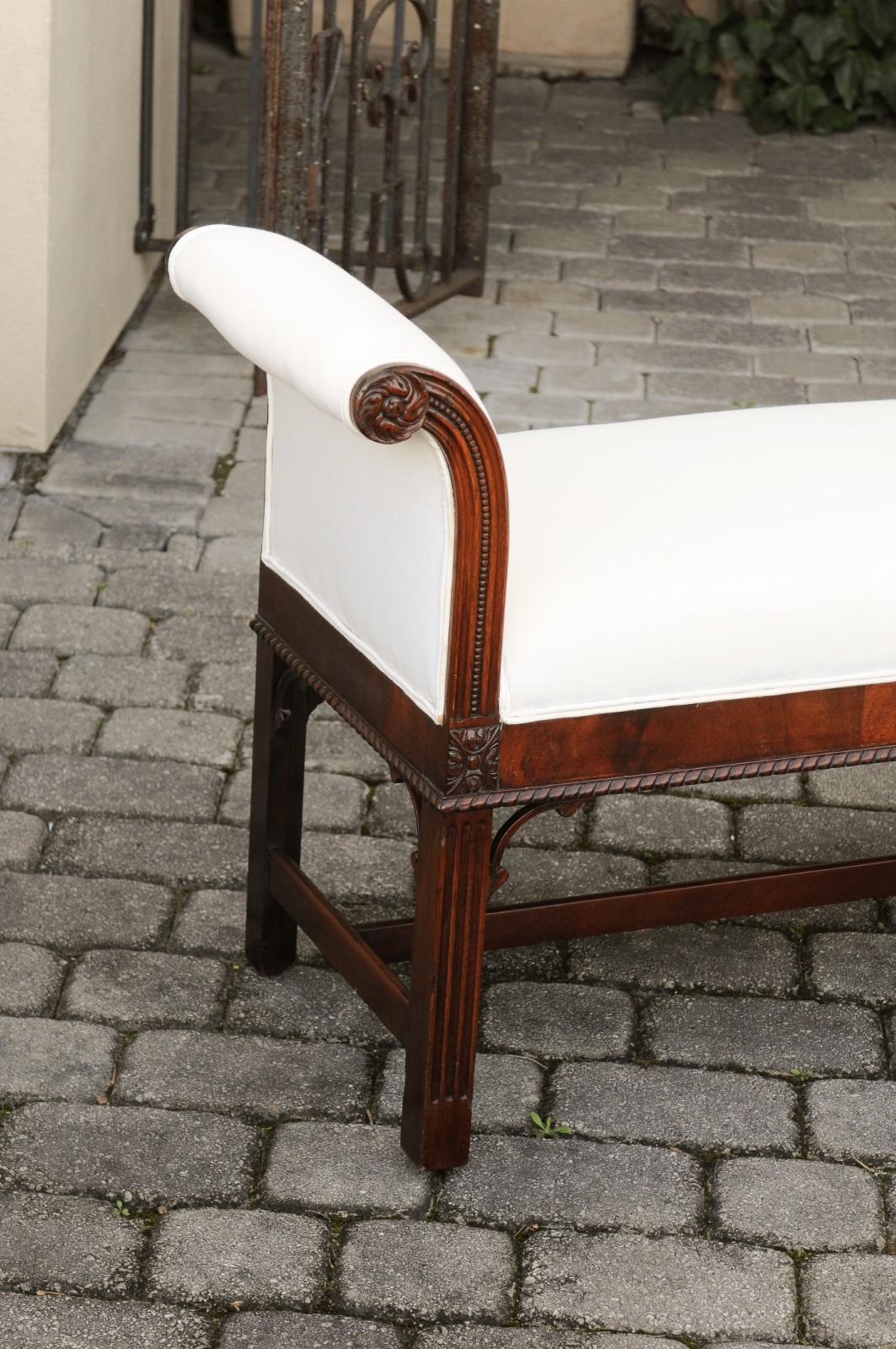 English 1920s Mahogany Upholstered Bench with Out-Scrolling Arms and ...