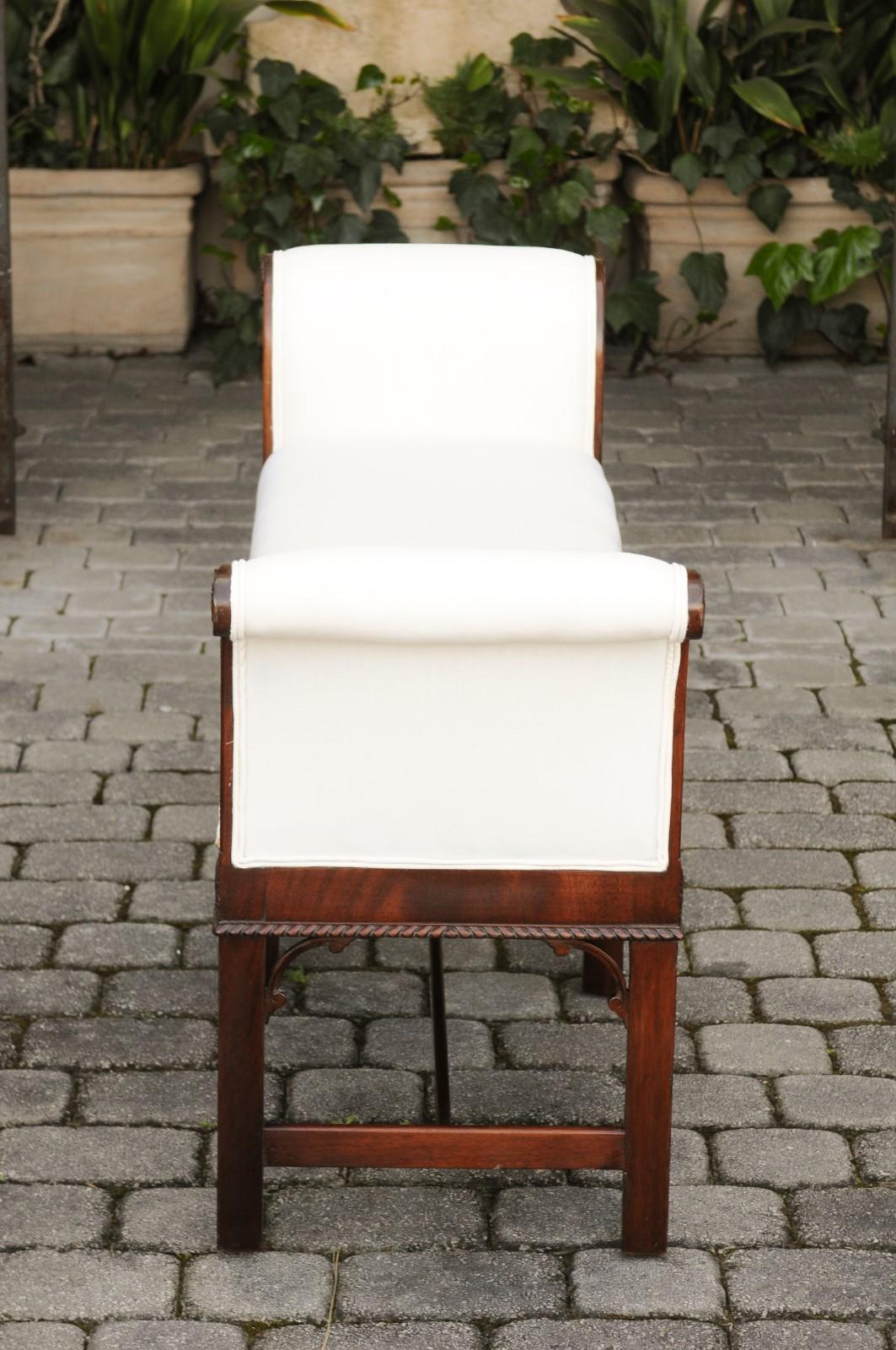 English 1920s Mahogany Upholstered Bench with Out-Scrolling Arms and ...