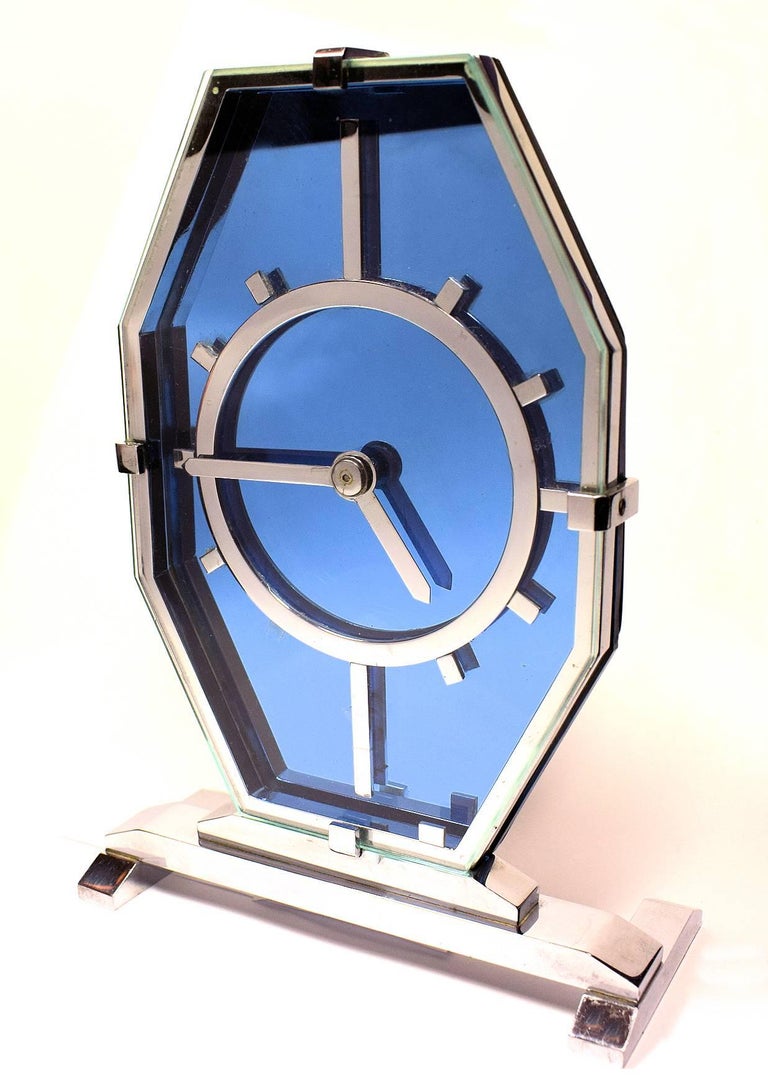 English 1930s Art Deco Blue Glass and Chrome Modernist Clock For Sale ...