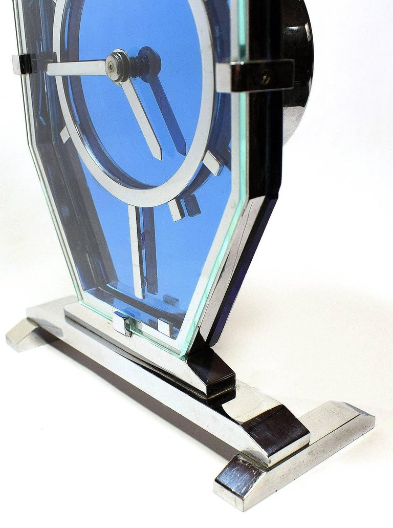 English 1930s Art Deco Blue Glass and Chrome Modernist Clock For Sale ...