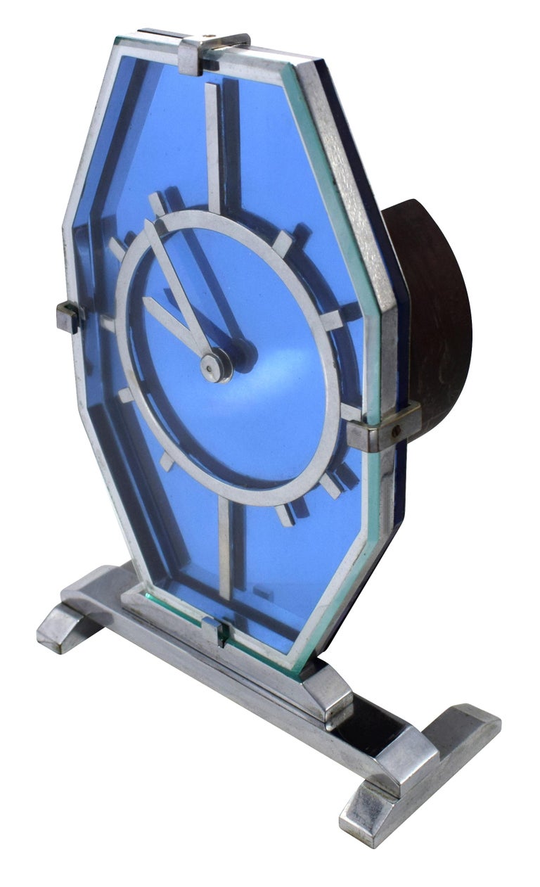 English 1930s Art Deco Blue Glass and Chrome Modernist Clock For Sale ...