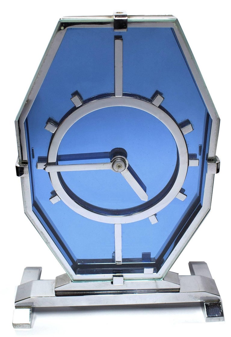 English 1930s Art Deco Blue Glass and Chrome Modernist Clock For Sale ...