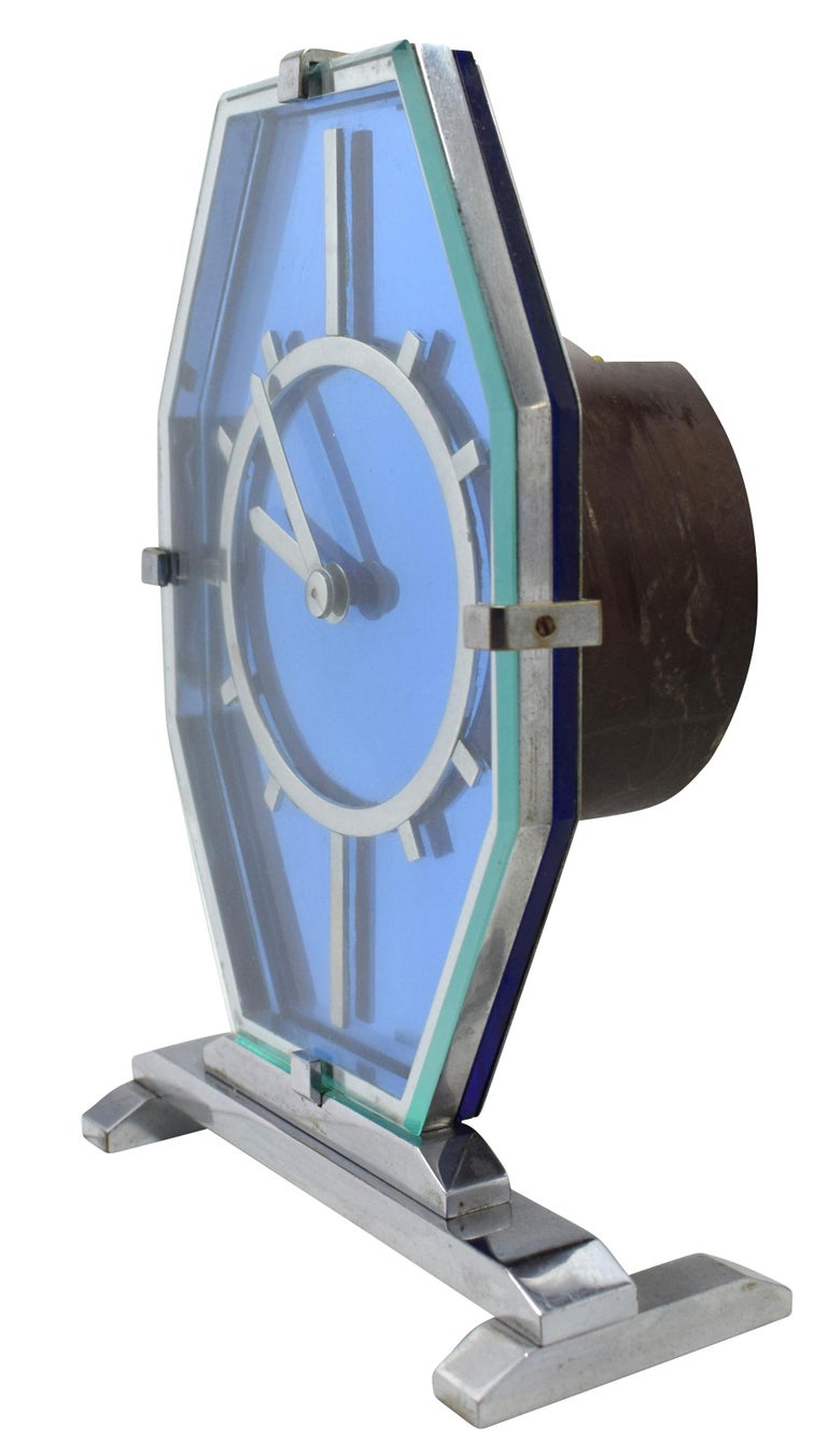 English 1930s Art Deco Blue Glass and Chrome Modernist Clock For Sale ...