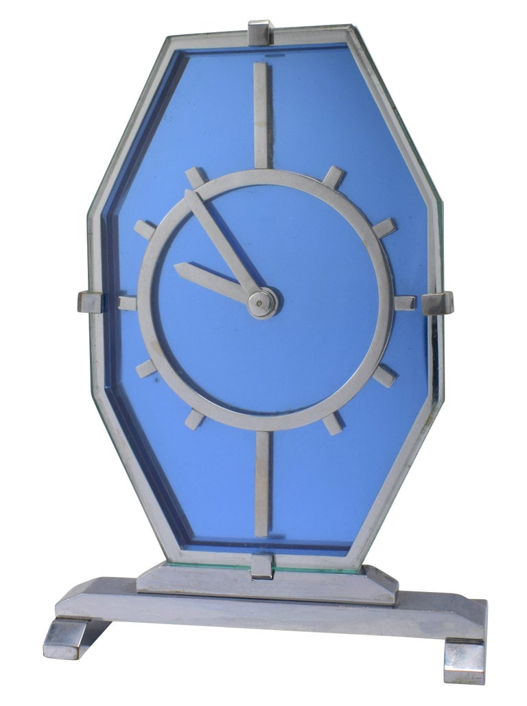 English 1930s Art Deco Blue Glass and Chrome Modernist Clock For Sale ...