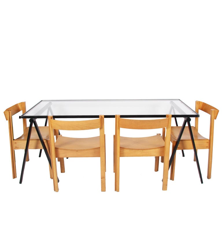 English 1960s Glass Trestle Table and Dining Table with Steel Legs at ...