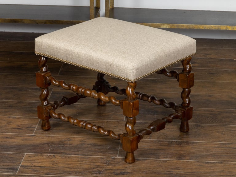 English 19th Century Barley Twist Stool with Linen Upholstery and Brass ...