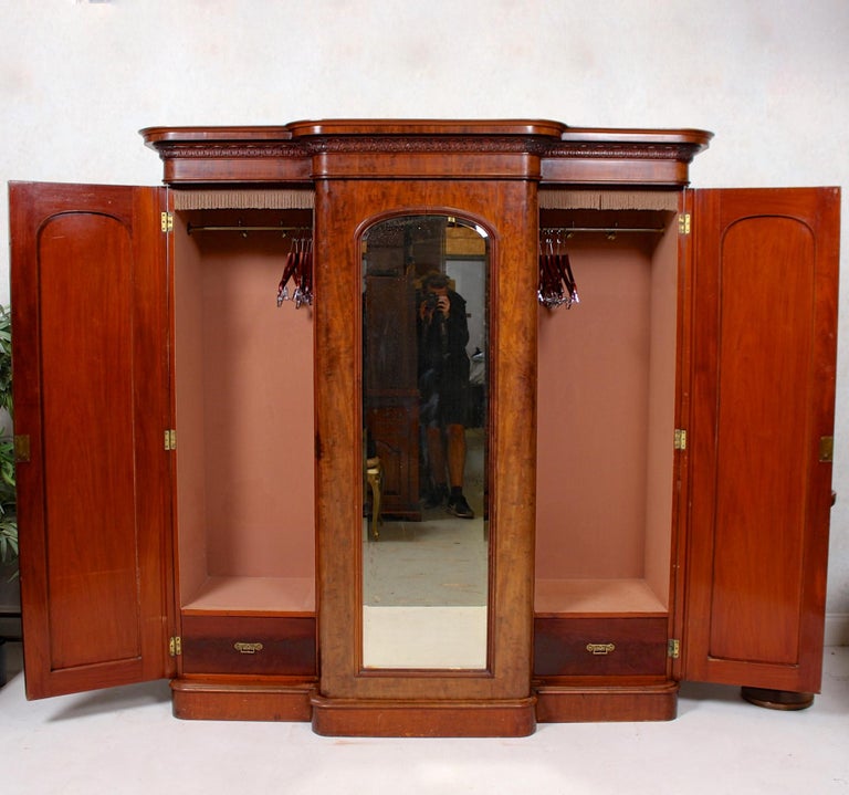 English 19th Century Breakfront Compactum Wardrobe Triple Mirrored ...