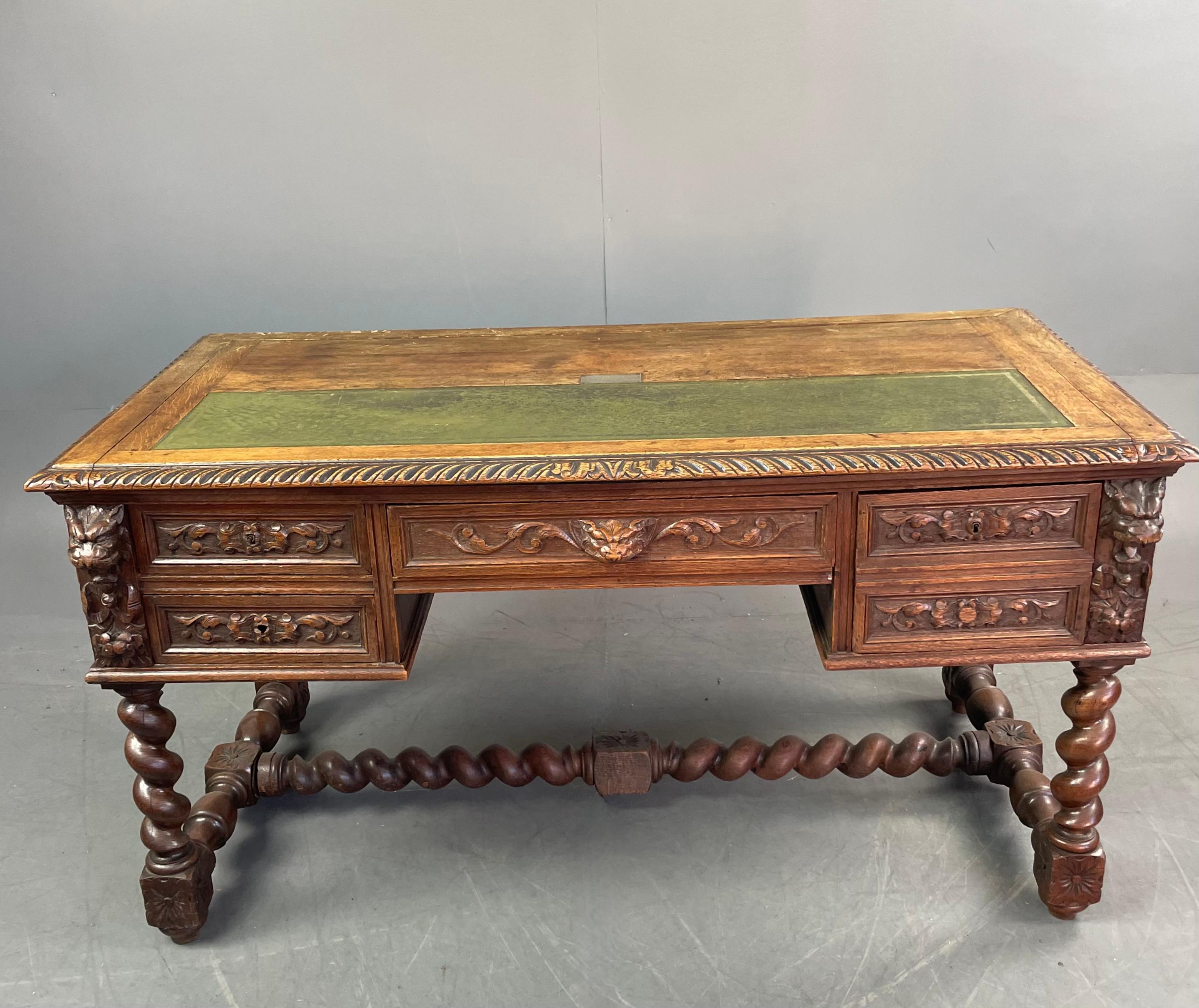 English 19th century carved oak desk For Sale at 1stDibs