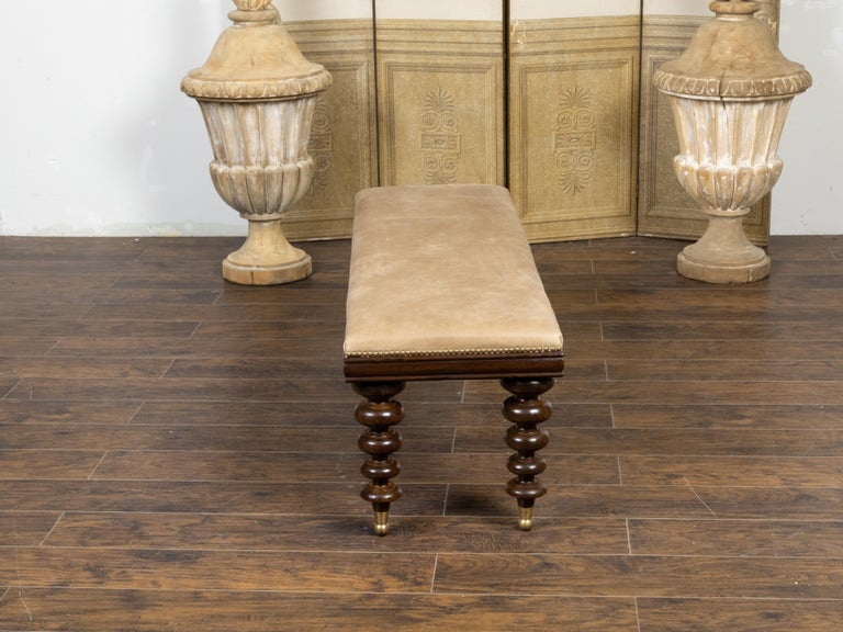 English 19th Century Oak Bench with Spool Turned Legs and Camel Leather ...