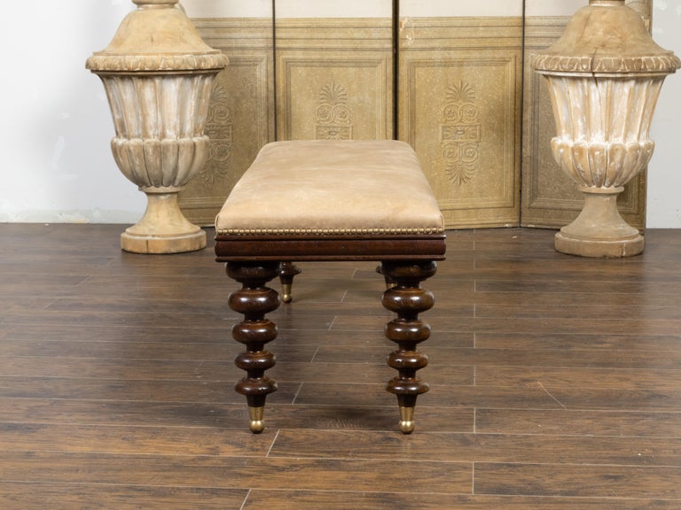 English 19th Century Oak Bench with Spool Turned Legs and Camel Leather ...
