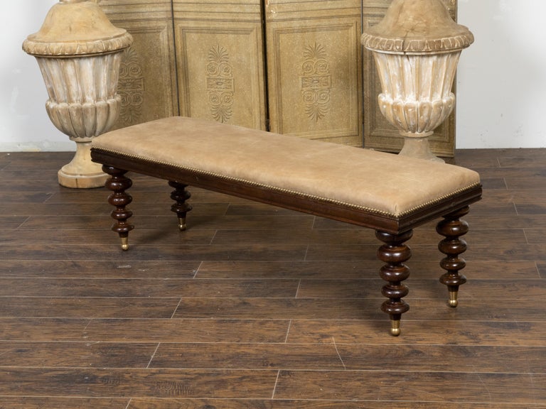 English 19th Century Oak Bench with Spool Turned Legs and Camel Leather ...