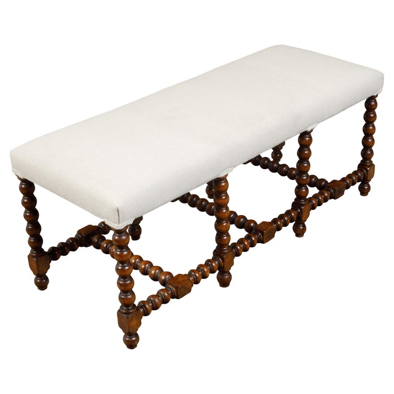 English 19th Century Oak Bobbin Leg Bench with New Upholstery at 1stDibs