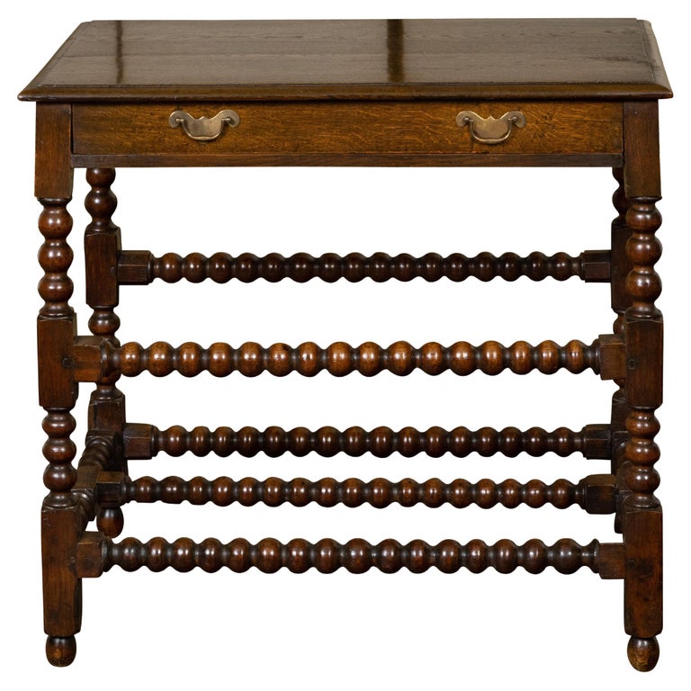 English 19th Century Oak Bobbin Leg Table with Single Drawer and Cross ...
