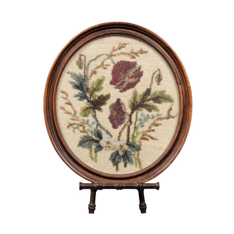 English 19th Century Oval Framed Needlepoint and Beading Tapestry on Stand at 1stDibs