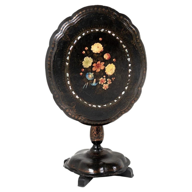 English 19th Century Papier Mache Floral Painted Tilt Top Side Table ...