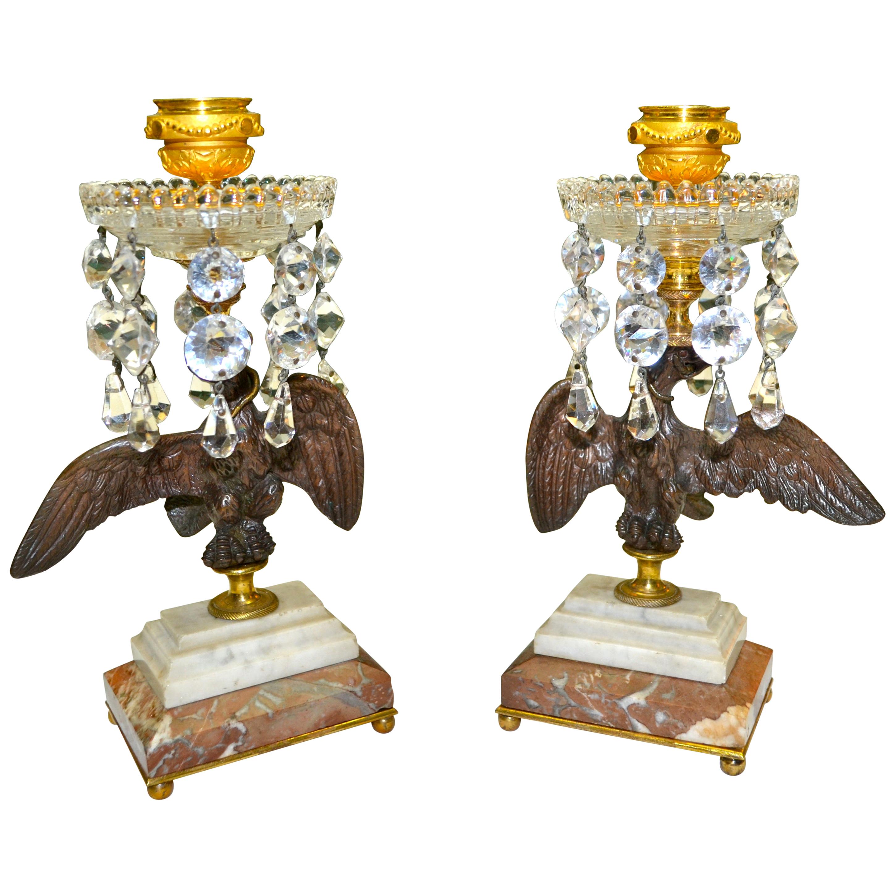 English 19th Century Regency Bronze and Crystal Eagle Candlesticks at ...